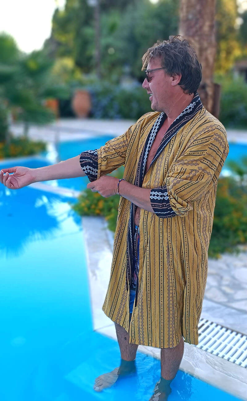 'Kernel Mustard' Mens Dressing Gown Kimono Striped Reversible Robe ...