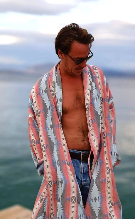 'Samos Sunsets' Organic Mens Kimono Dressing Gown Robe – Verry Kerry