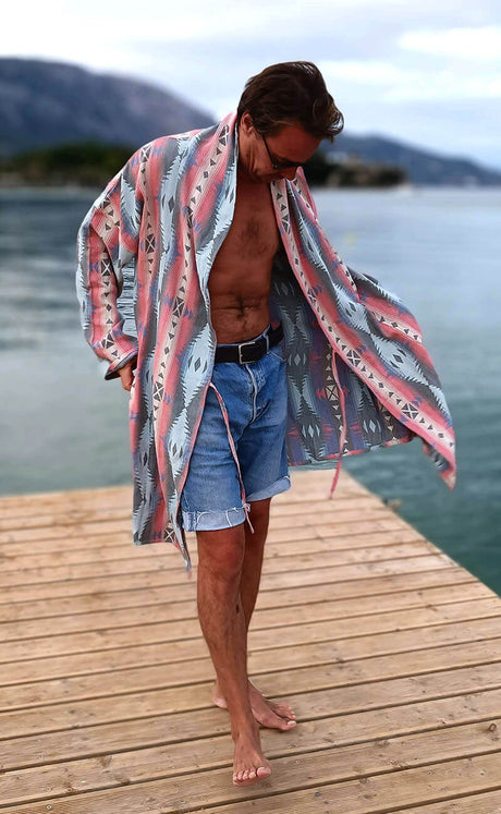 'Samos Sunsets' Organic Mens Kimono Dressing Gown Robe – Verry Kerry